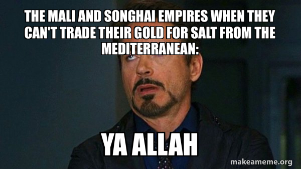 The Mali and Songhai Empires when they can't trade their gold for salt ...