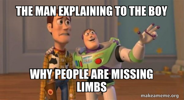 The Man explaining to the boy why people are missing limbs - Buzz and ...