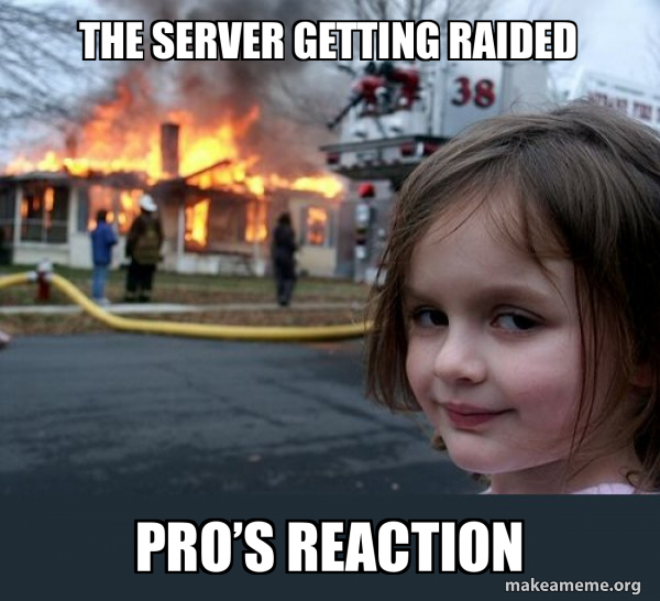 the server getting raided pro’s reaction - Disaster Girl Meme Generator
