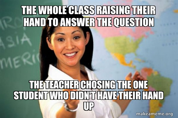 The whole class raising their hand to answer the question The teacher ...