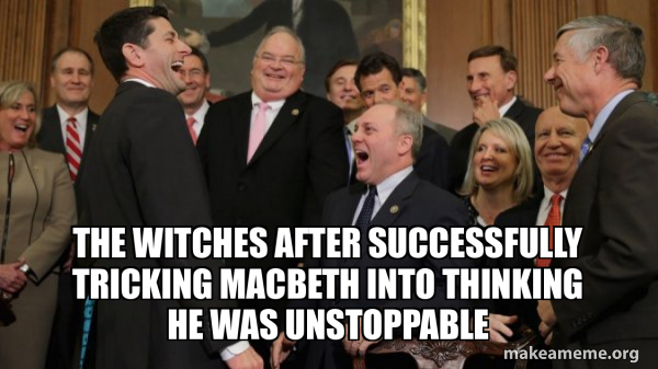 The witches after successfully tricking Macbeth into thinking he was ...
