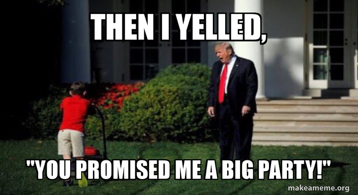 then I yelled, "you promised me a big party!" - promised a big party ...
