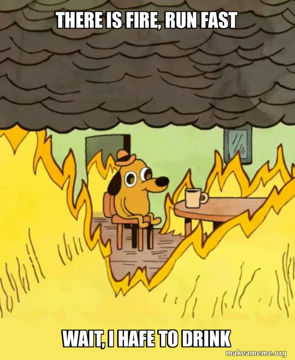 there is fire, run fast wait, i hafe to drink - This Is Fine Meme Generator