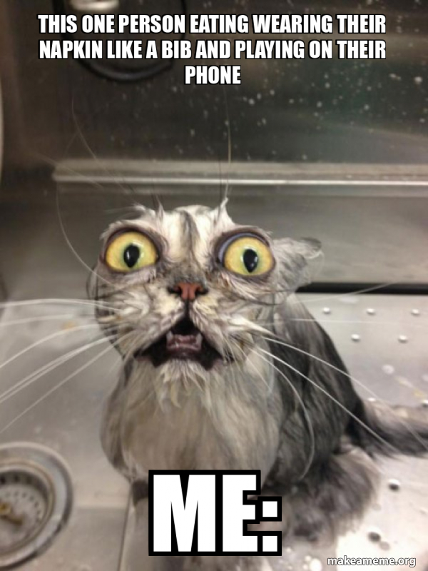 This one person eating wearing their napkin like a bib and playing on ...