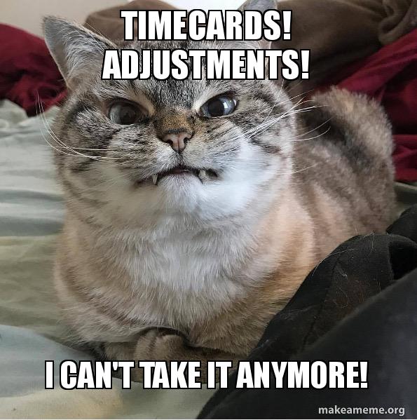 Timecards! Adjustments! I can't take it anymore! Meme Generator