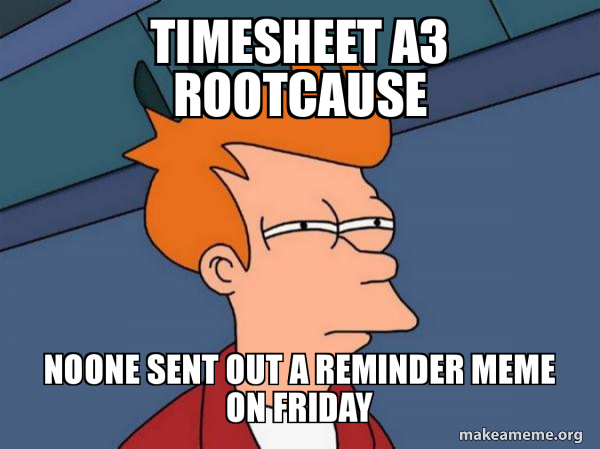 Timesheet A3 Rootcause Noone sent out a reminder meme on Friday ...