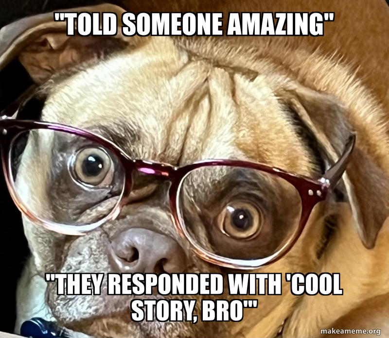 "Told someone amazing" "They responded with 'Cool story, bro'" Meme ...