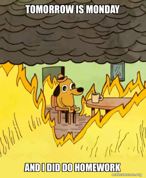 Tomorrow is Monday And I did do homework - This Is Fine Meme Generator