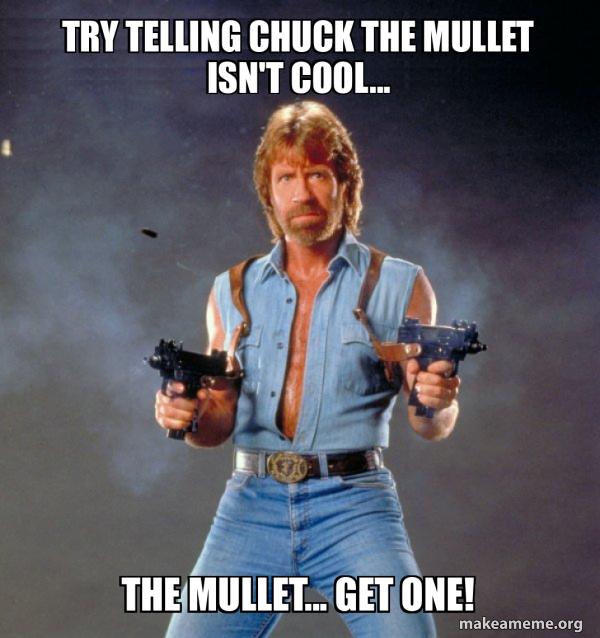 Try telling Chuck the mullet isn't cool... The Mullet... GET ONE ...