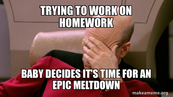 Trying to work on homework Baby decides it's time for an epic meltdown ...