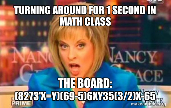 turning around for 1 second in math class the board: (8273'x=y)(69-5 ...