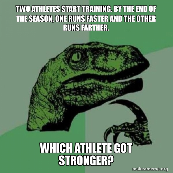Two athletes start training. By the end of the season, one runs faster ...