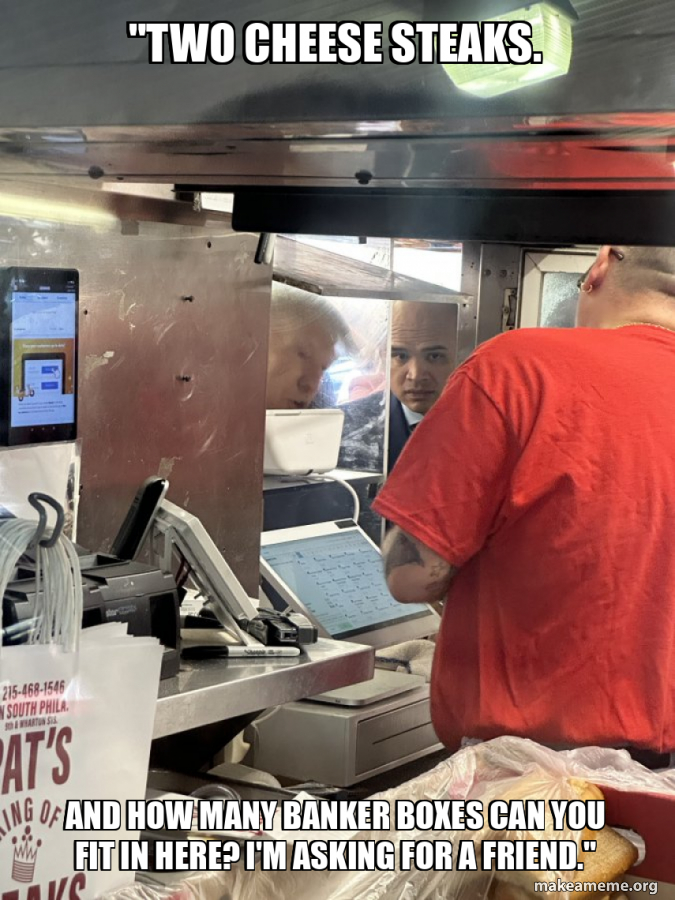 "Two cheese sTeaks. and how many banker boxes can you fiT in here? I'm ...