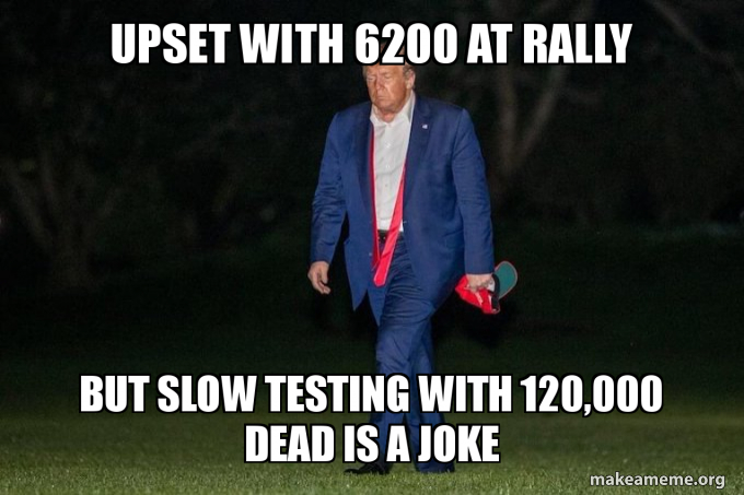 upset with 6200 at rally but slow testing with 120,000 dead is a joke ...