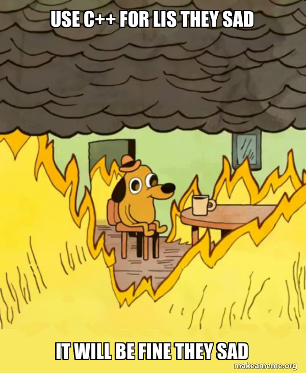 Use C++ for LIS they sad It will be fine they sad - This Is Fine Meme ...