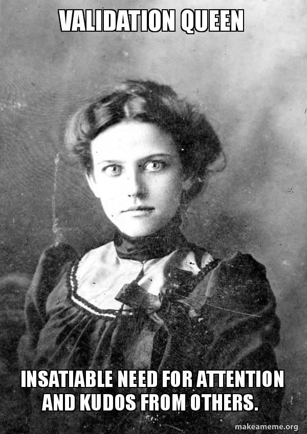 VALIDATION QUEEN insatiable need for attention and kudos from others ...