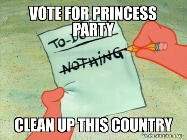 VOTE FOR PRINCESS PARTY clean up this country - TO-DO List Meme Generator