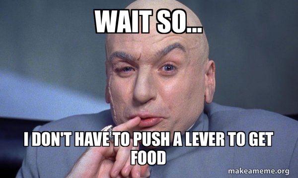 Wait so... I don't have to push a lever to get food - You Complete Me ...