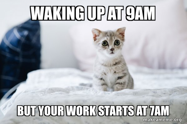 Waking up at 9AM But your work starts at 7AM - Cute Kitten Meme Generator