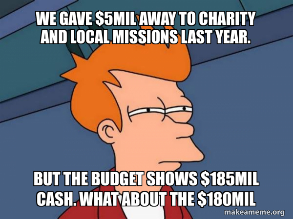 We gave $5mil away to charity and local missions last year. But the ...