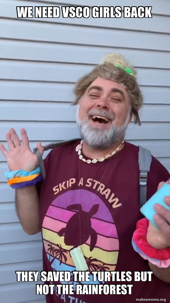 We need vsco girls back they saved the turtles but not the rainforest ...