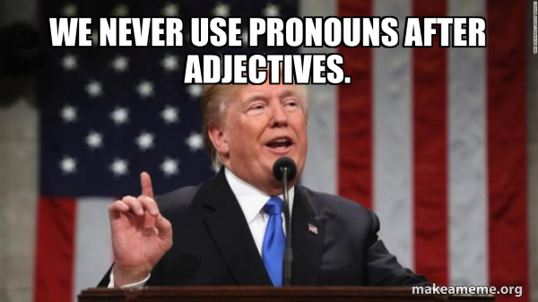 We never use pronouns after adjectives. - Donald Trump Meme Generator