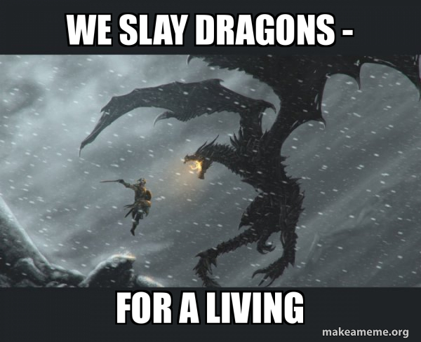 WE slay dragons - FOR A LIVING - Skyrim Dragon Slaying Meme Generator