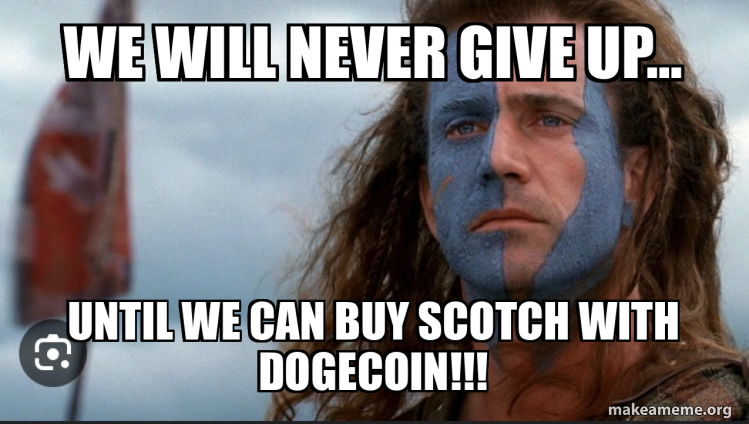 We will never give up… Until we can buy scotch with dogecoin!!! Meme ...
