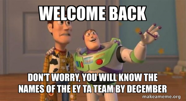 Welcome Back don't worry, you will know the names of the EY TA team by ...