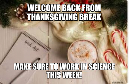Welcome Back from Thanksgiving Break Make sure to work in Science this ...