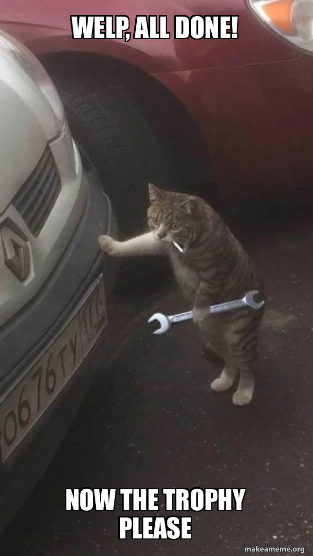 Welp, All done! NOW THE TROPHY PLEASE - Mechanic Cat Meme Generator