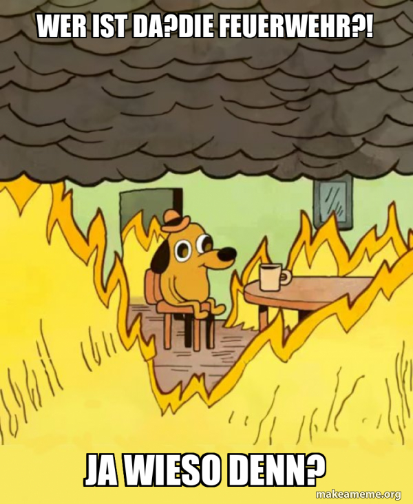 Wer ist da?Die Feuerwehr?! Ja wieso denn? - This Is Fine Meme Generator