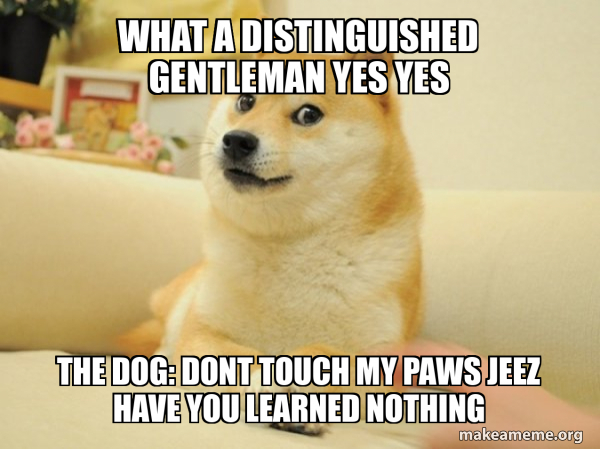 What a distinguished gentleman yes yes The dog: DONT TOUCH MY PAWS JEEZ ...