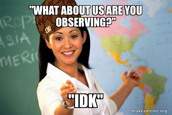 "What about us are you observing?" "IDK" - Scumbag Teacher Meme Generator