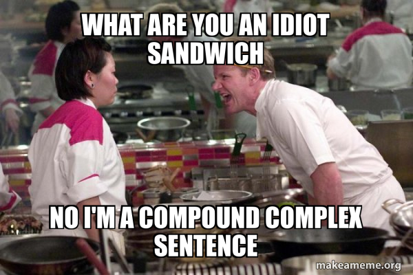 what are you an idiot sandwich No I'm a compound complex sentence ...