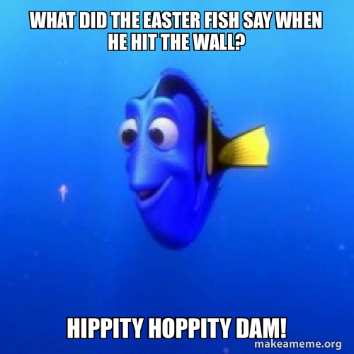 What did the Easter fish say when he hit the wall? Hippity HOPPITY Dam ...