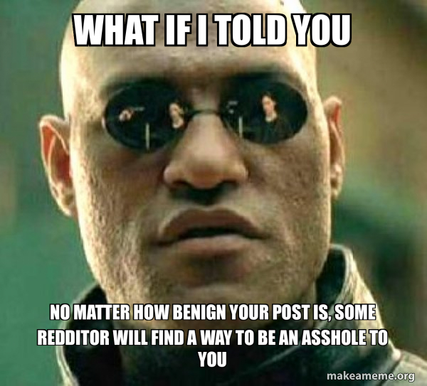What if I told you No matter how benign your post is, some redditor ...