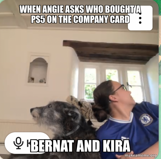 When angie asks who bought a ps5 on the company card Bernat and kira ...