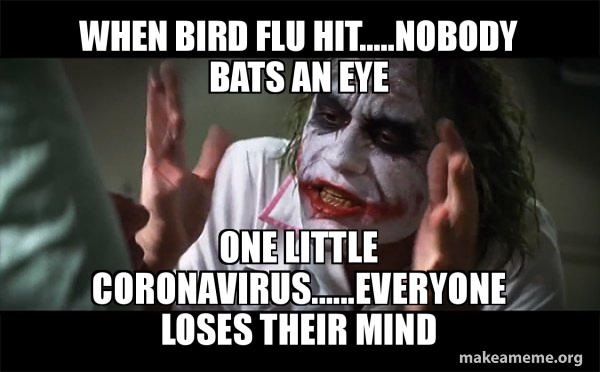 When bird flu hit.....nobody bats an eye One little coronavirus ...