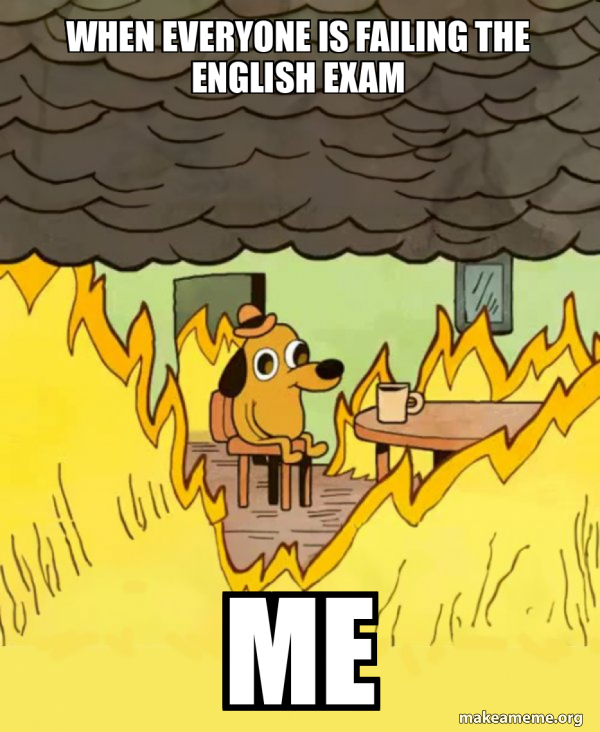 when everyone is failing the english exam me - This Is Fine Meme Generator
