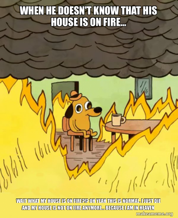 When he doesn't know that his house is on fire... WAIT WHAT MY HOUSE IS ...