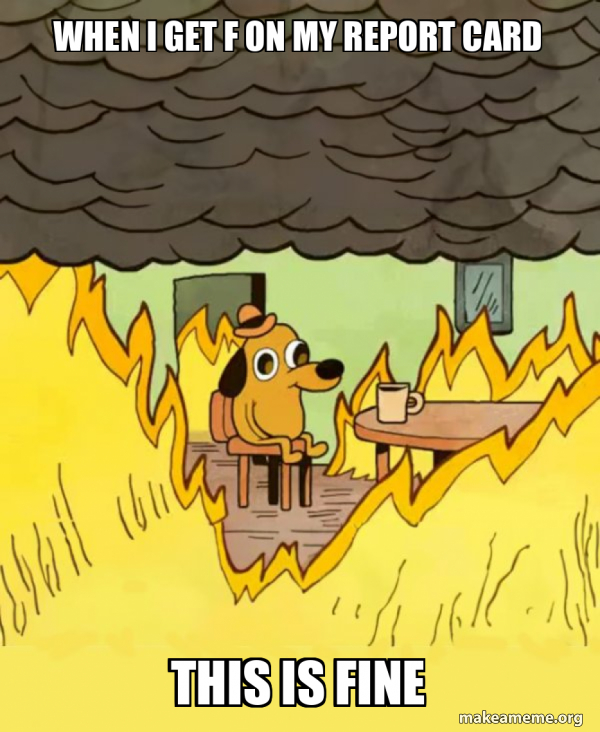 WHEN I GET F ON MY REPORT CARD THIS IS FINE - This Is Fine Meme Generator