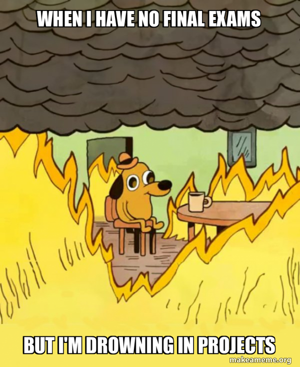 when I have no final exams but I'm drowning in projects - This Is Fine ...