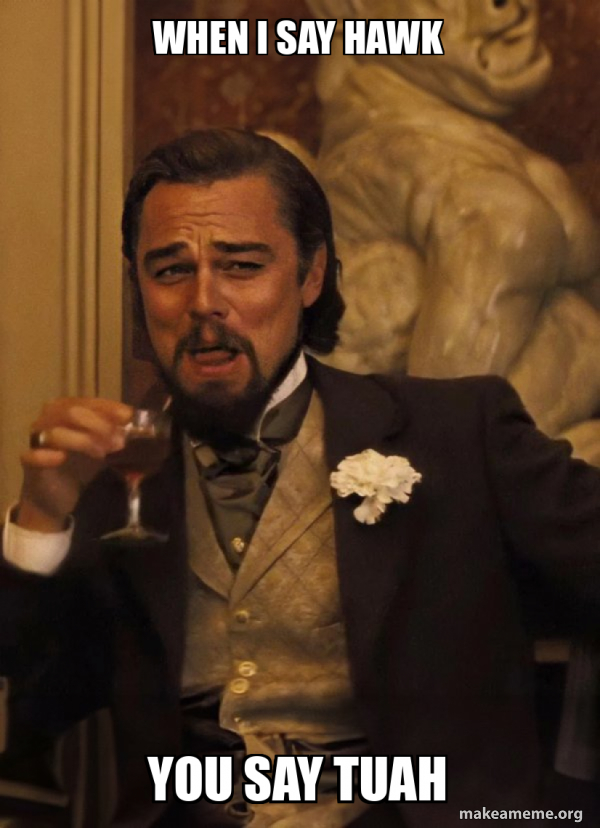when i say hawk you say tuah - Leonardo DiCaprio Laughing Django Meme ...