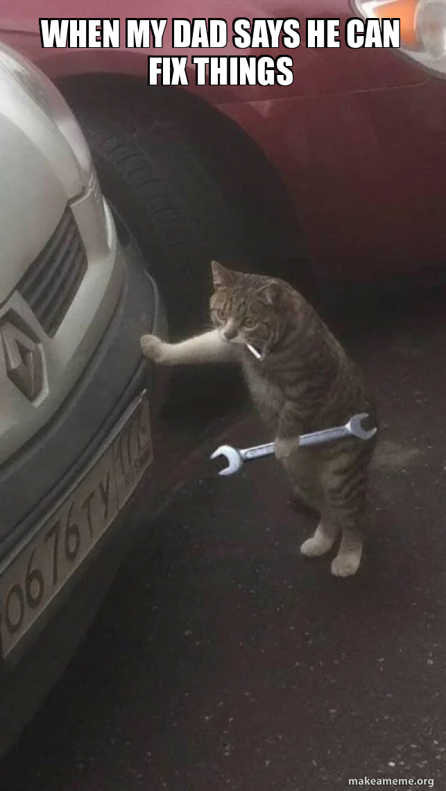 when my dad says he can fix things - Mechanic Cat Meme Generator