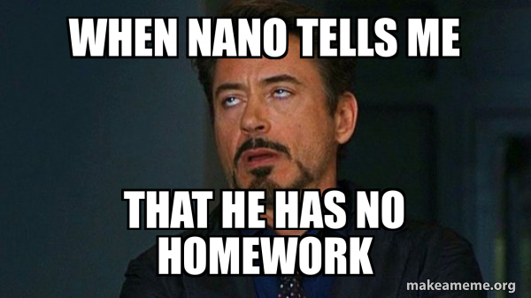 When Nano tells me That he has no homework - Tony Stark Eye Roll Meme ...