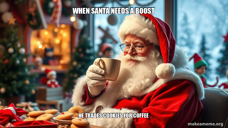 When Santa needs a boost He trades cookies for coffee - Santa enjoying ...