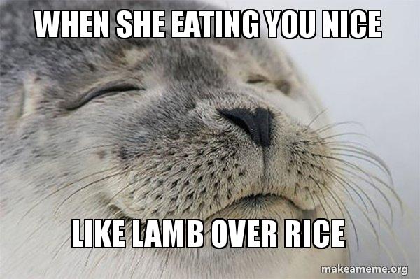 WHEN SHE EATING YOU NICE LIKE LAMB OVER RICE - Satisfied Seal Meme ...