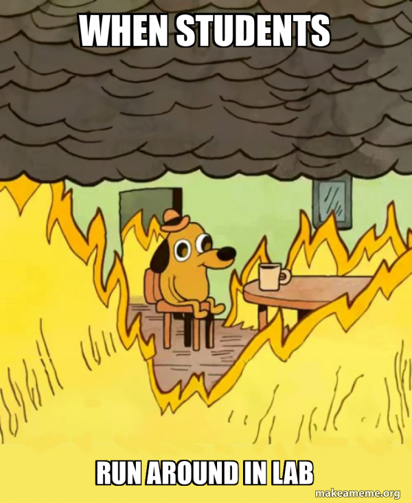 When students run around in lab - This Is Fine Meme Generator