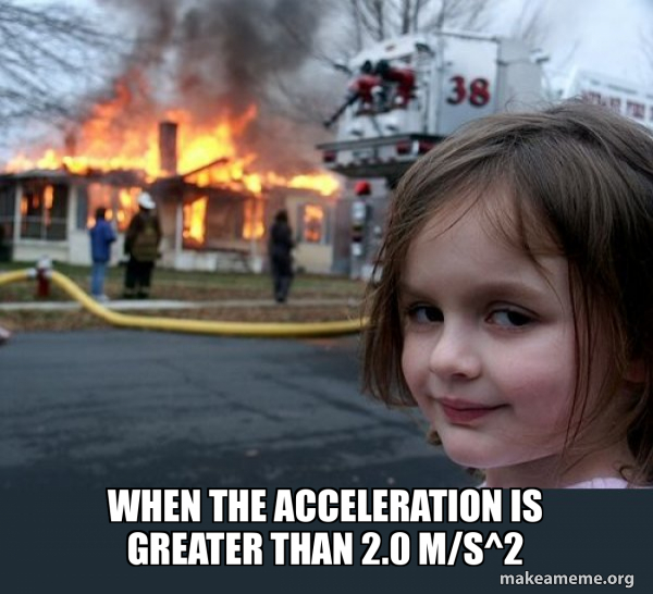 When the Acceleration is greater than 2.0 m/s^2 - Disaster Girl Meme ...